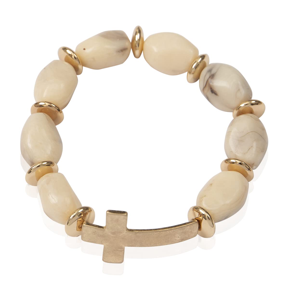 RIAH FASHION Cross Metallic Bar Beaded Stretch Bracelet - Religious Christian Strand Natural Stone, Semi-Precious Prayer Cuff Bangle (Pebble Bead Cross Bracelet - Ivory)