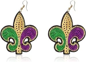 hying mardi gras earrings fleur de lis earrings dangle glitter green purple pendant earrings holiday fashion jewelry gift earing for women mardi gras decoration carnival drop