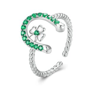 cz horseshoe 925 sterling silver ring for women love u clover flower adjustable twisted open band finger rings comfort fit fashion cute green crystal jewelry gift for birthday christmas st. patrick's day