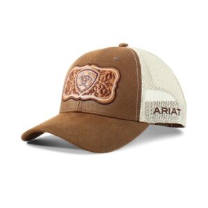 ariat women's trucker cap with leather floral patch and snapback closure (brown)