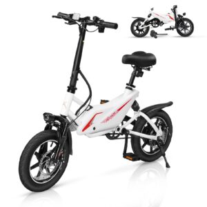 pexmor electric bike for adults, 350w motor (peak 500w) folding ebike | full suspension | 36v 6ah battery, 14" foldable commuter city electric bicycle for adults/teens, complies to ul2849