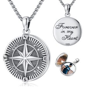 compass locket necklace that hold 2 pictures memorial jewelry photo locket for womens mens small locket sterling silver 925 round circle locket pendant female male