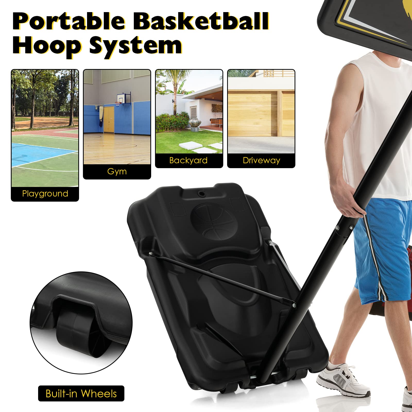 Goplus Portable Basketball Hoop Outdoor Indoor, 4.25-10FT 12-Level Adjustable Basketball Goal w/ 44’’ Shatterproof Backboard, Fillable Base, Basketball Stand System for Kids Teens Youth Adults