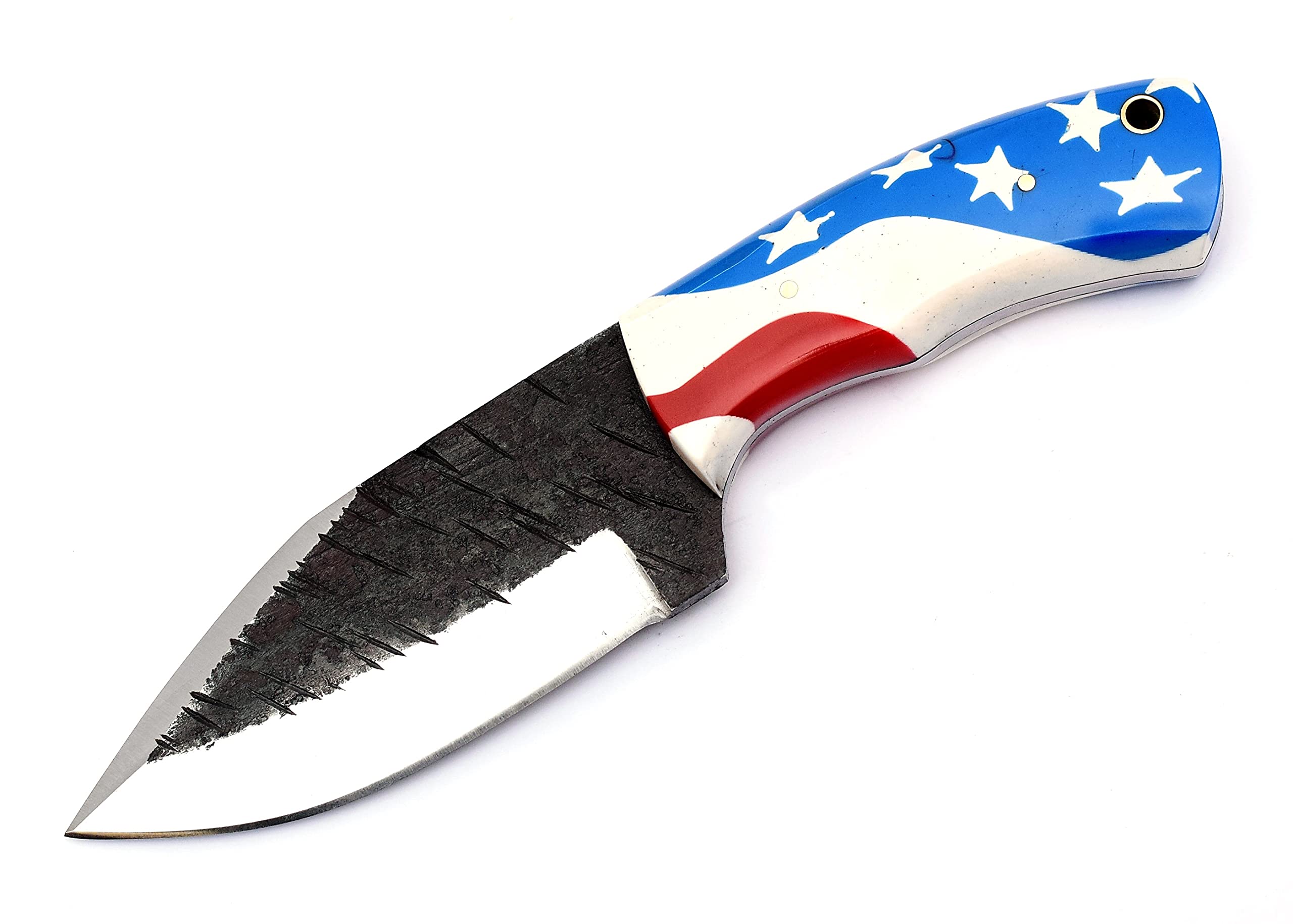 Custom Handmade High Carbon Steel Hunting Skinning Knife Outdoor Camping Hiking Bushcraft Resin American Flag Handle Hand forged Full Tang Knife With Leather Sheath