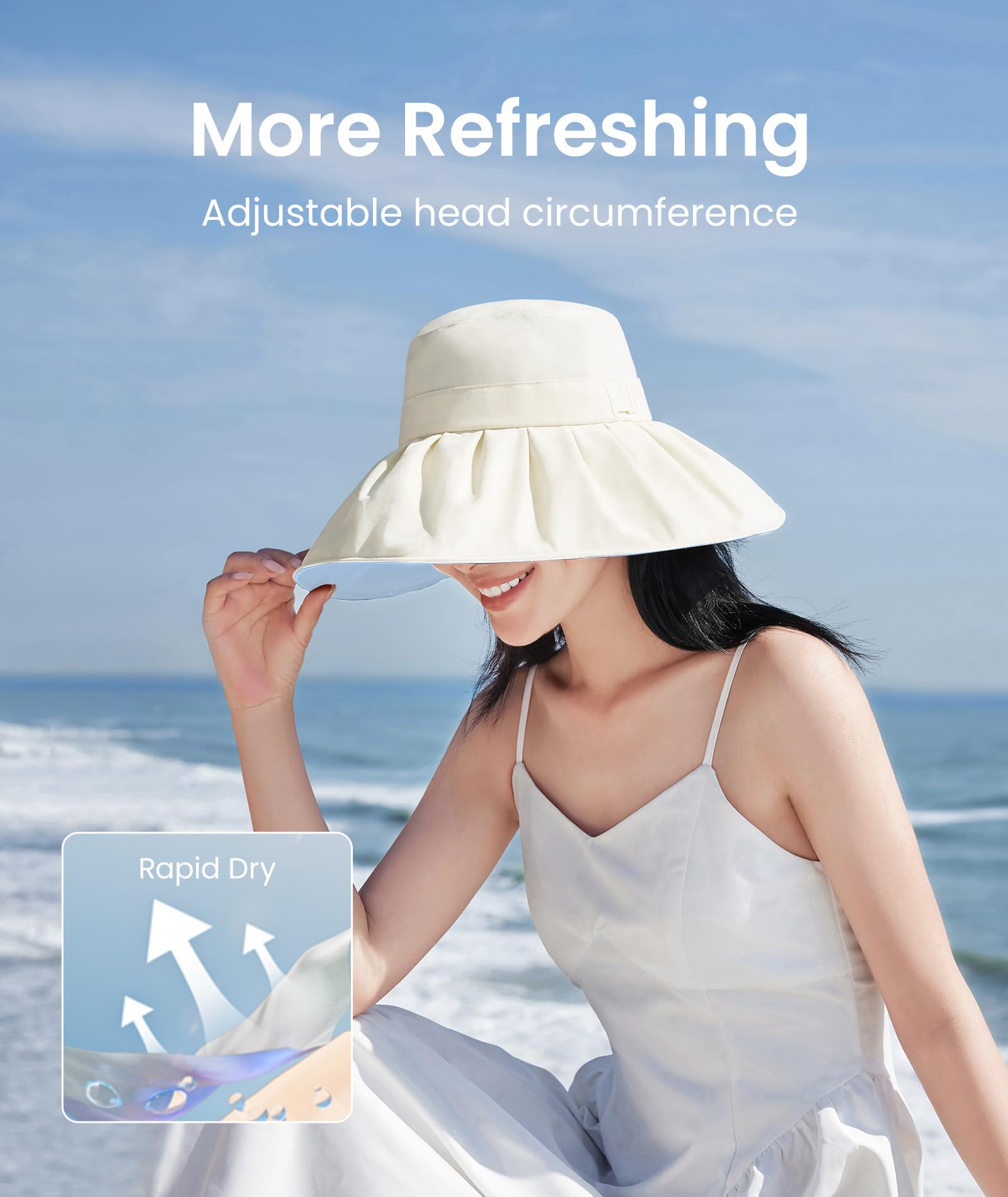 BENEUNDER Large Brim Floppy Sun Hats for Women Summer Beach Sun Hat Foldable UPF 50+ (Ivory)