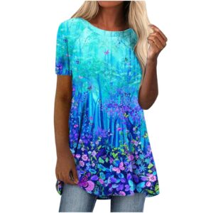 womens tops spring,women's floral printed tee shirts short sleeve shirt crewneck classic fit pullover blue