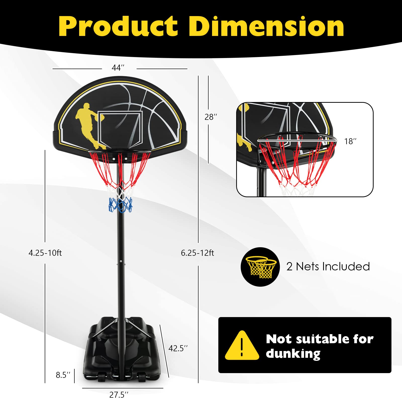 Goplus Portable Basketball Hoop Outdoor Indoor, 4.25-10FT 12-Level Adjustable Basketball Goal w/ 44’’ Shatterproof Backboard, Fillable Base, Basketball Stand System for Kids Teens Youth Adults