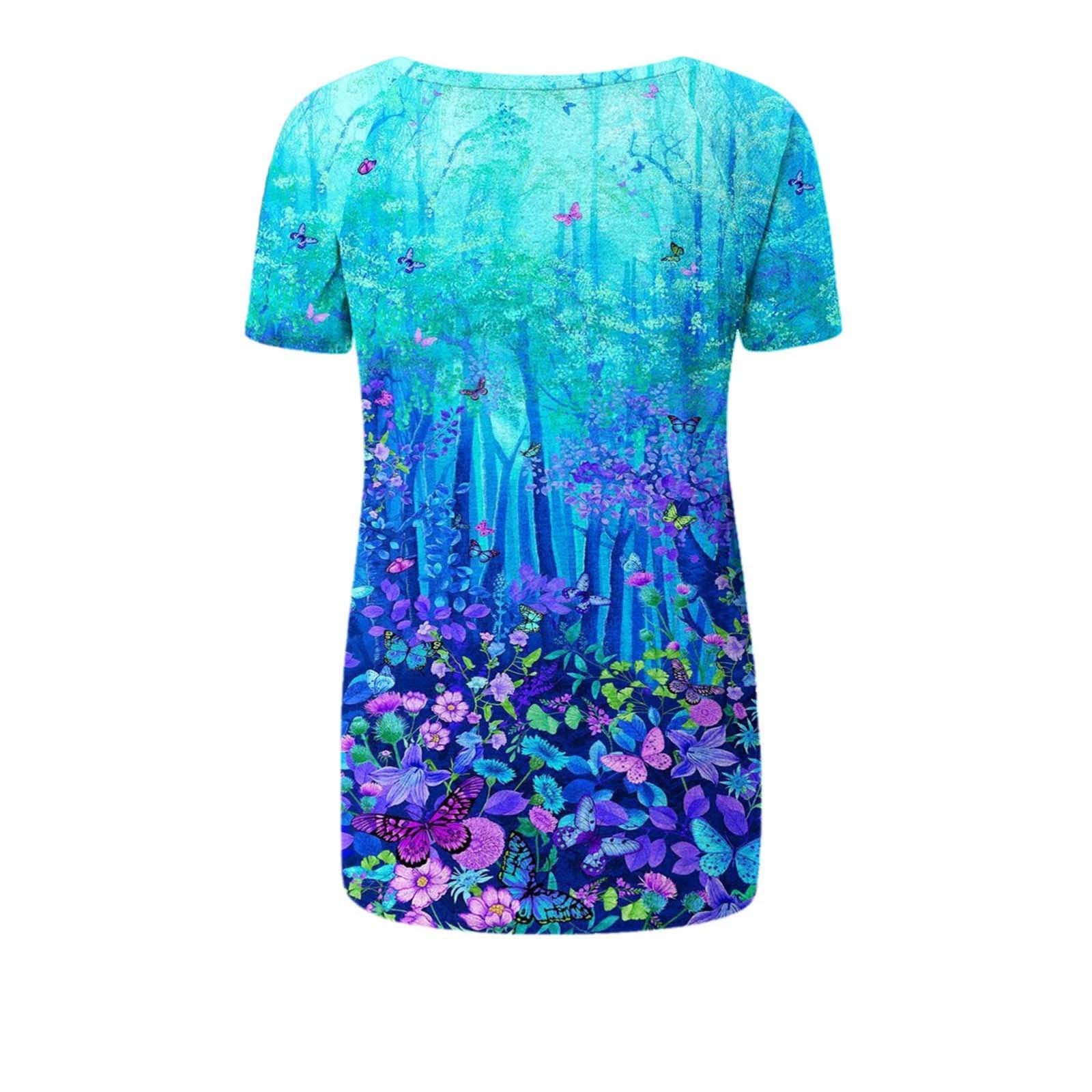 Womens Tops Spring,Women's Floral Printed Tee Shirts Short Sleeve Shirt Crewneck Classic Fit Pullover Blue