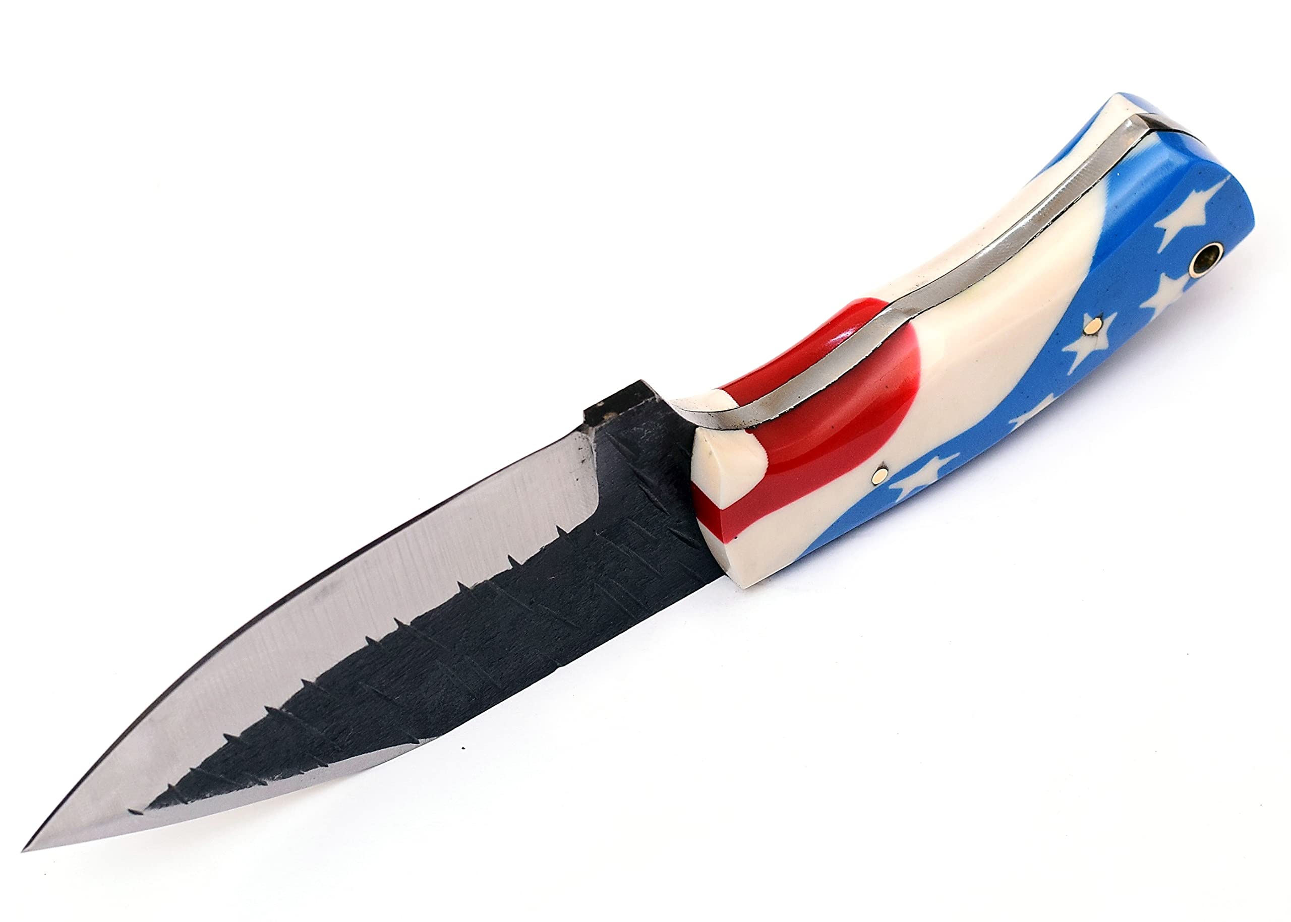 Custom Handmade High Carbon Steel Hunting Skinning Knife Outdoor Camping Hiking Bushcraft Resin American Flag Handle Hand forged Full Tang Knife With Leather Sheath