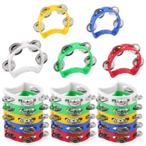 senjeok 20 pack plastic percussion tambourine, 4 inch half moon musical tambourines with 4 bells, mini handheld tambourine for family, school