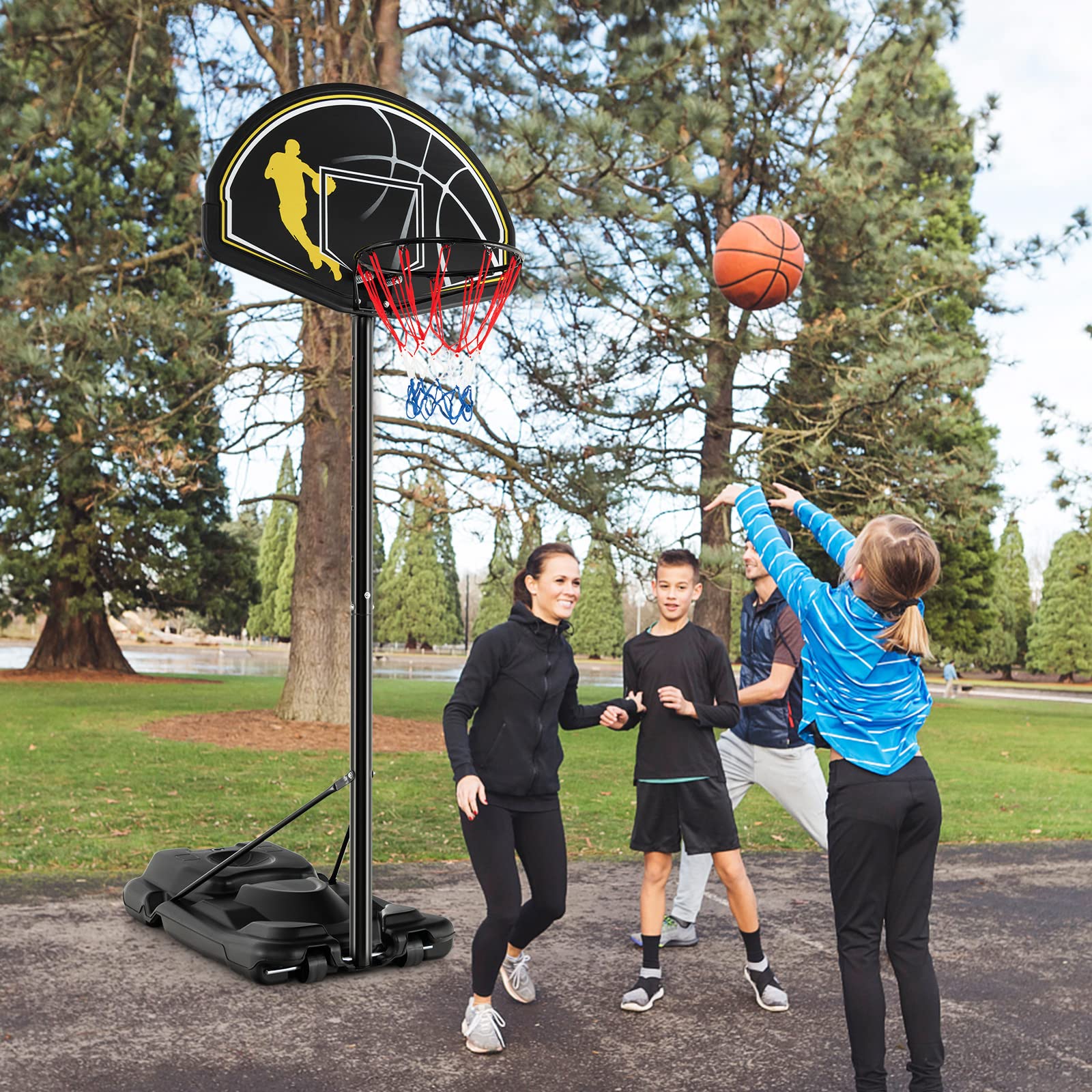 Goplus Portable Basketball Hoop Outdoor Indoor, 4.25-10FT 12-Level Adjustable Basketball Goal w/ 44’’ Shatterproof Backboard, Fillable Base, Basketball Stand System for Kids Teens Youth Adults