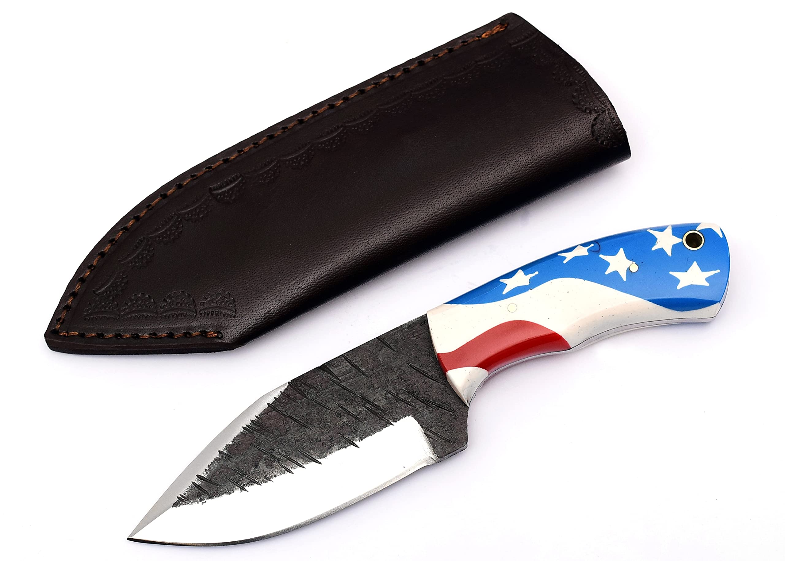 Custom Handmade High Carbon Steel Hunting Skinning Knife Outdoor Camping Hiking Bushcraft Resin American Flag Handle Hand forged Full Tang Knife With Leather Sheath