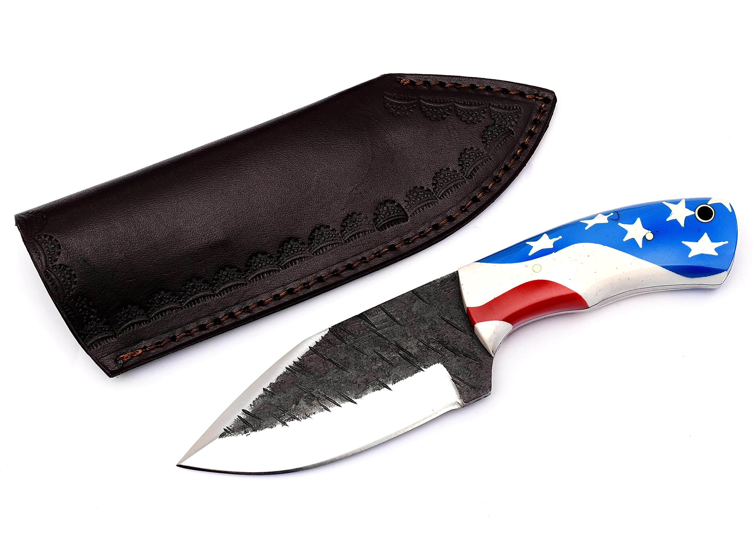 Custom Handmade High Carbon Steel Hunting Skinning Knife Outdoor Camping Hiking Bushcraft Resin American Flag Handle Hand forged Full Tang Knife With Leather Sheath