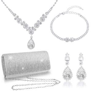 vaipi 4 pieces rhinestone jewelry set with purse for women sliver bling prom crystal jewelry set with glitter rhinestone necklace choker bangle dangle earrings and clutch for bridal wedding party