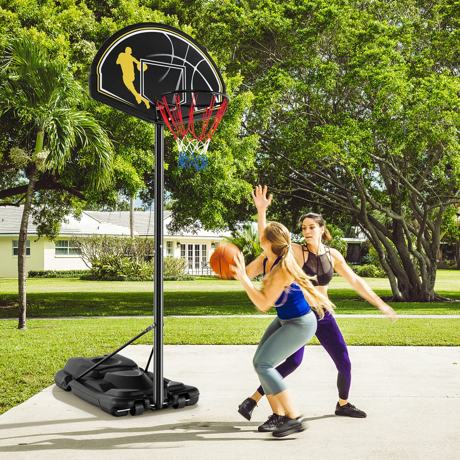 Goplus Portable Basketball Hoop Outdoor Indoor, 4.25-10FT 12-Level Adjustable Basketball Goal w/ 44’’ Shatterproof Backboard, Fillable Base, Basketball Stand System for Kids Teens Youth Adults