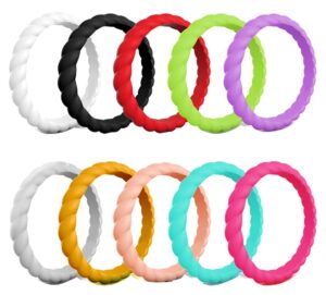 azyoung womens 3mm wide twist silicone wedding ring 10pcs pack red purple blue stackable rubber bands -us size 4-10 (7)