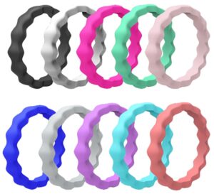 azyoung womens 3mm wide wave silicone wedding ring 10pcs sets green blue white stackable rubber bands - us size 4-10 (8)