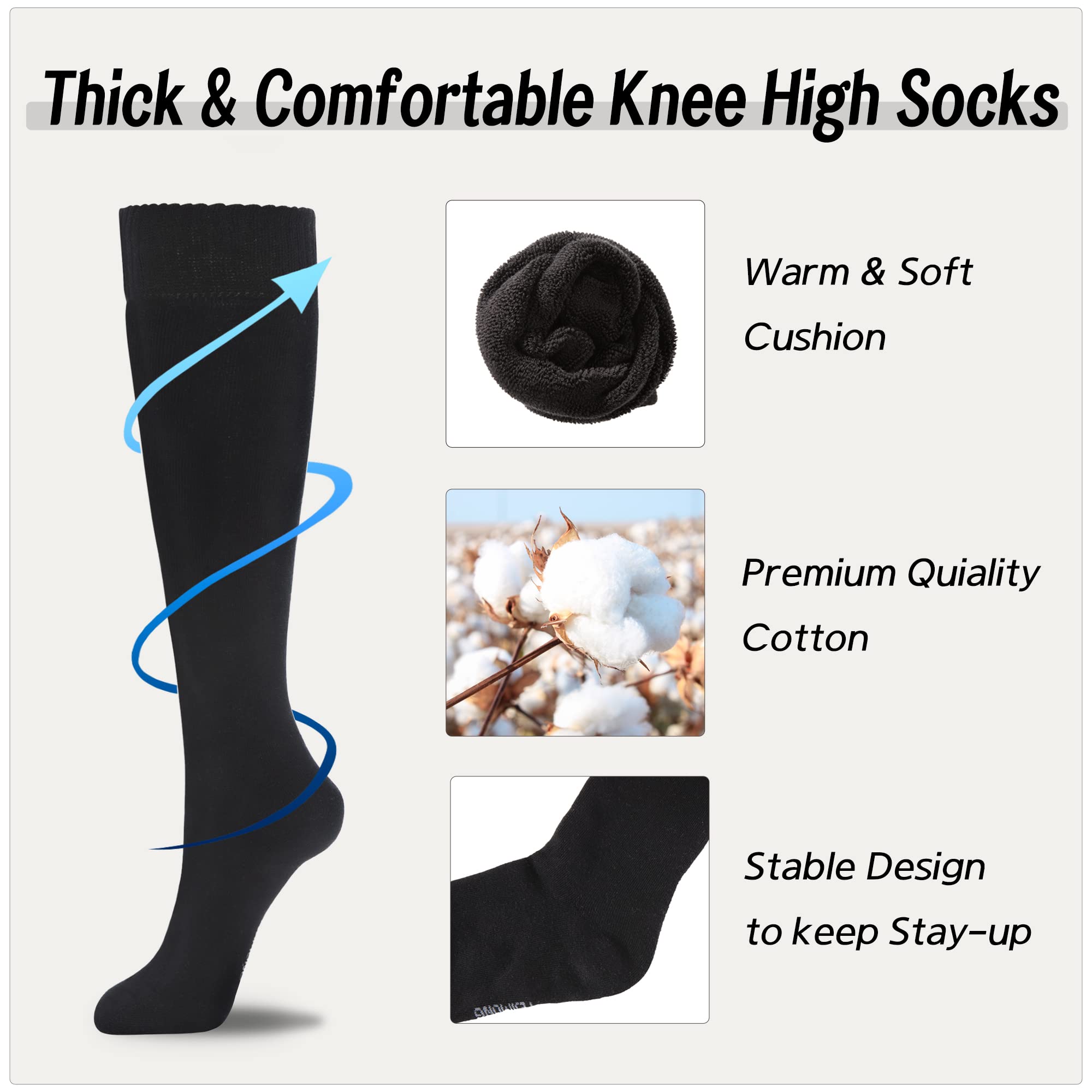 YEJIMONG Warm Thick Knee High Socks for Women, 4 Pairs Cotton Cushioned Long Socks for Running Hiking Skiing Gifts (Black - 4 Pairs)