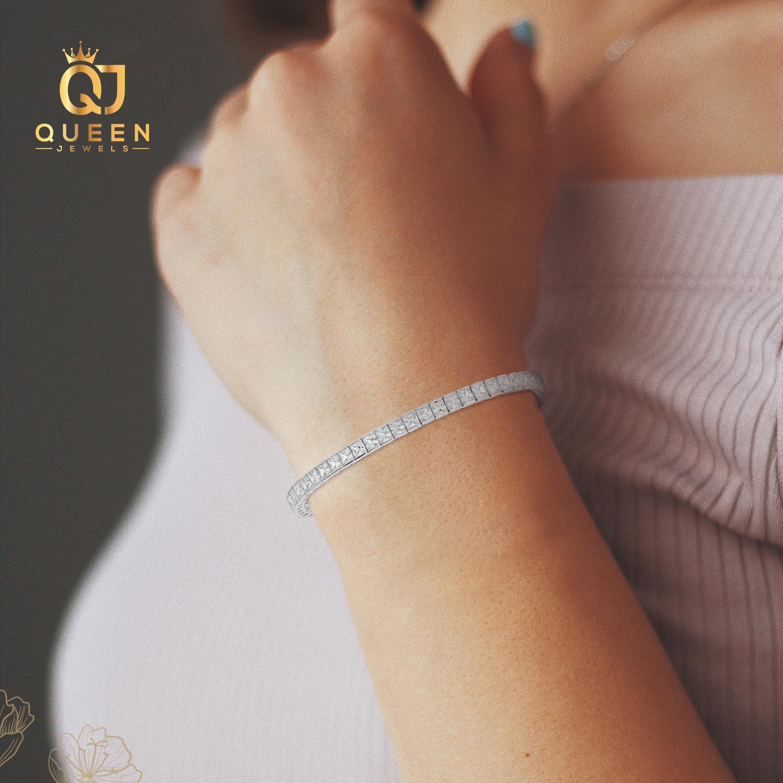 Queen Jewels 925 Sterling Silver Bracelets for Women | Princess-Cut Cubic Zirconia Tennis Bracelets for Women | Silver Jewelry Bangle Bracelets for Women | Sterling Silver Women's Bracelet 7.25 Inches