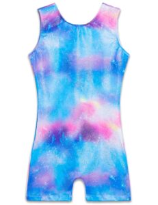 girls gymnastics leotards with shorts for 9-10 year old big kids sparkly blue tie dye print sleeveless biketard unitards