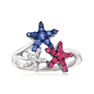 ross-simons 0.20 ct. t.w. sapphire and .20 ct. t.w. ruby star ring with diamond accents in sterling silver. size 7