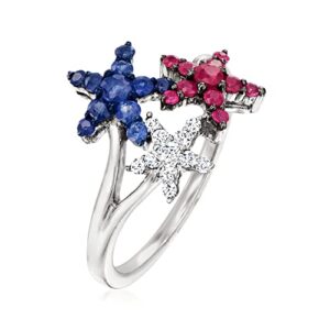 Ross-Simons 0.20 ct. t.w. Sapphire and .20 ct. t.w. Ruby Star Ring With Diamond Accents in Sterling Silver. Size 7