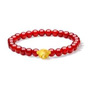 ZHOU LIU FU 24K Solid Gold Bracelets for Women, Stretchable Lucky Animals Real Gold Rabbit Bangle Charm Bracelets, Pure Gold Agate Beaded Zodiac Bunny Bracelet