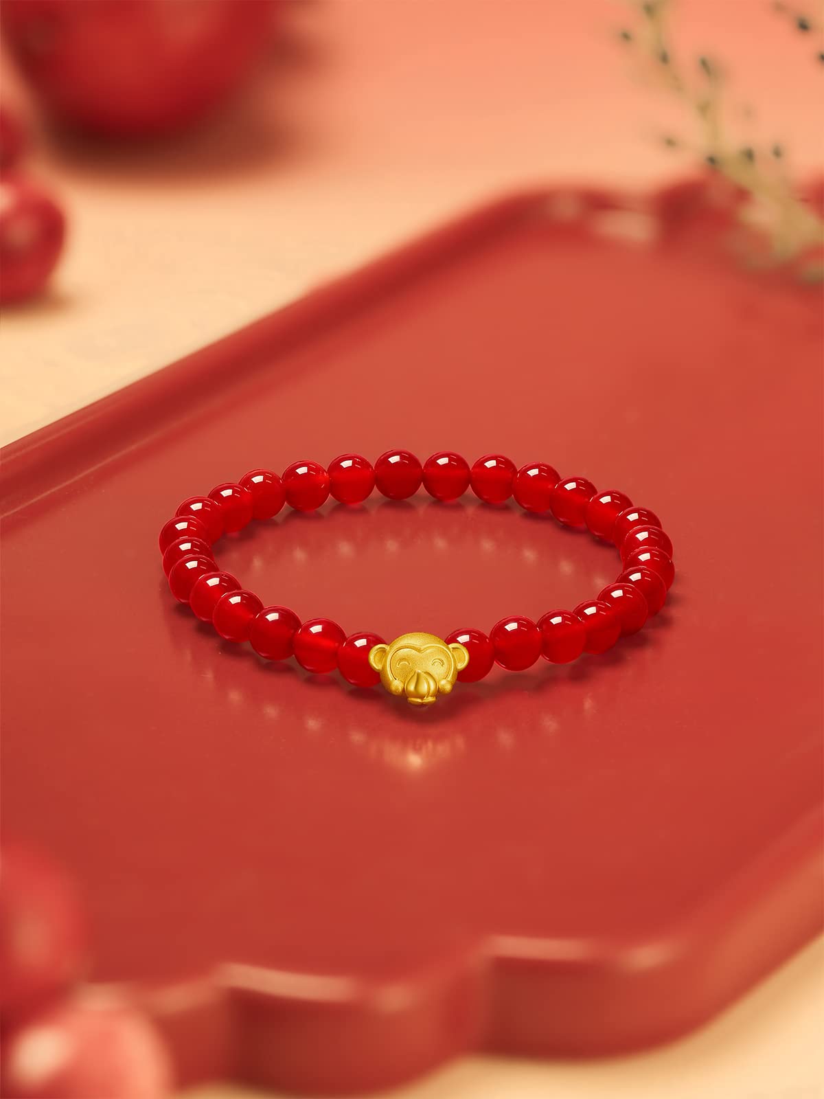 ZHOU LIU FU 24K Solid Gold Bracelets for Women, Stretchable Lucky Animals Real Gold Rabbit Bangle Charm Bracelets, Pure Gold Agate Beaded Zodiac Bunny Bracelet