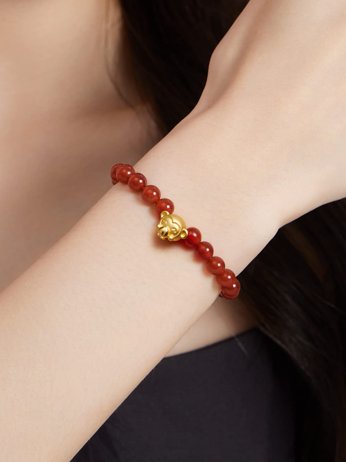 ZHOU LIU FU 24K Solid Gold Bracelets for Women, Stretchable Lucky Animals Real Gold Rabbit Bangle Charm Bracelets, Pure Gold Agate Beaded Zodiac Bunny Bracelet