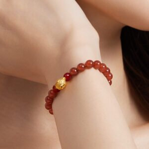 ZHOU LIU FU 24K Solid Gold Bracelets for Women, Stretchable Lucky Animals Real Gold Rabbit Bangle Charm Bracelets, Pure Gold Agate Beaded Zodiac Bunny Bracelet