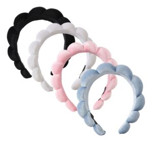 cute terry puffy sponge headband set for women - 4 pack for face washing, makeup removal, and spa showers