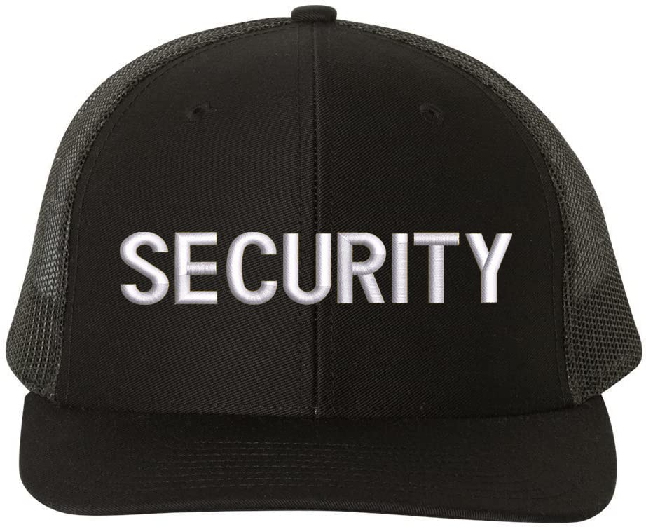 Army Universe Security Embroidered Adjustable Snapback Trucker Cap Professional Security Officer Guard Hat (Black with White Security)