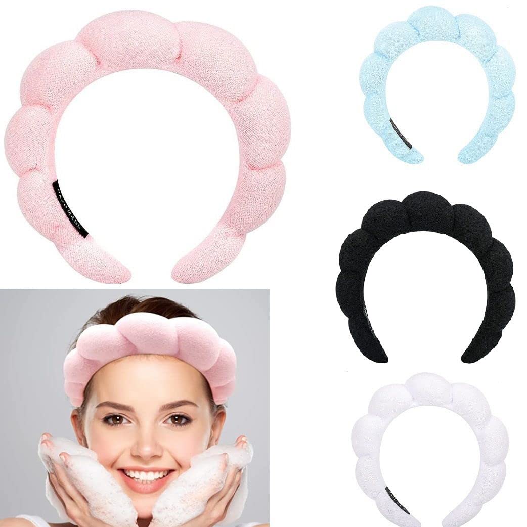 Cute Terry Puffy Sponge Headband Set for Women - 4 Pack for Face Washing, Makeup Removal, and Spa Showers