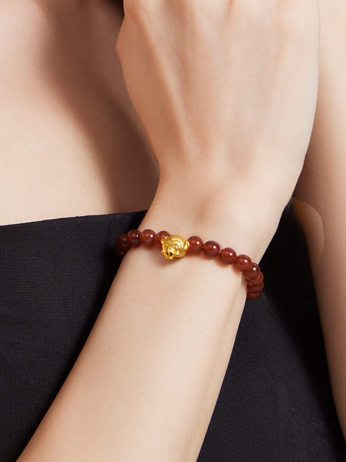 ZHOU LIU FU 24K Solid Gold Bracelets for Women, Stretchable Lucky Animals Real Gold Rabbit Bangle Charm Bracelets, Pure Gold Agate Beaded Zodiac Bunny Bracelet