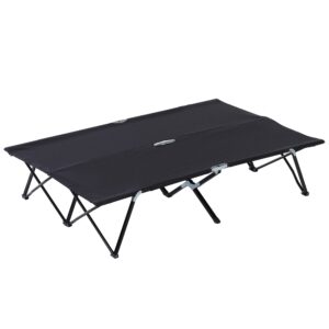 outsunny 2 person folding camping cot for adults, 50" extra wide outdoor portable sleeping cot with carry bag, elevated camping bed, beach hiking, black