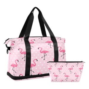 kigai beautiful tropical flamingo gym bag for women & men,waterproof sports travel duffel bag, weekender overnight bag with wet pocket for travel, gym, yoga,swimming