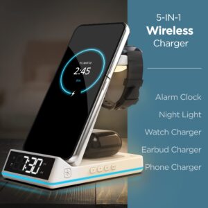 Galvanox 3-in-1 Wireless Charging Station with Alarm Clock for All Samsung Devices - Foldable Design with Nightlight - Compatible with Galaxy Phones/SmartWatch and Earbuds (White)