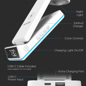 Galvanox 3-in-1 Wireless Charging Station with Alarm Clock for All Samsung Devices - Foldable Design with Nightlight - Compatible with Galaxy Phones/SmartWatch and Earbuds (White)