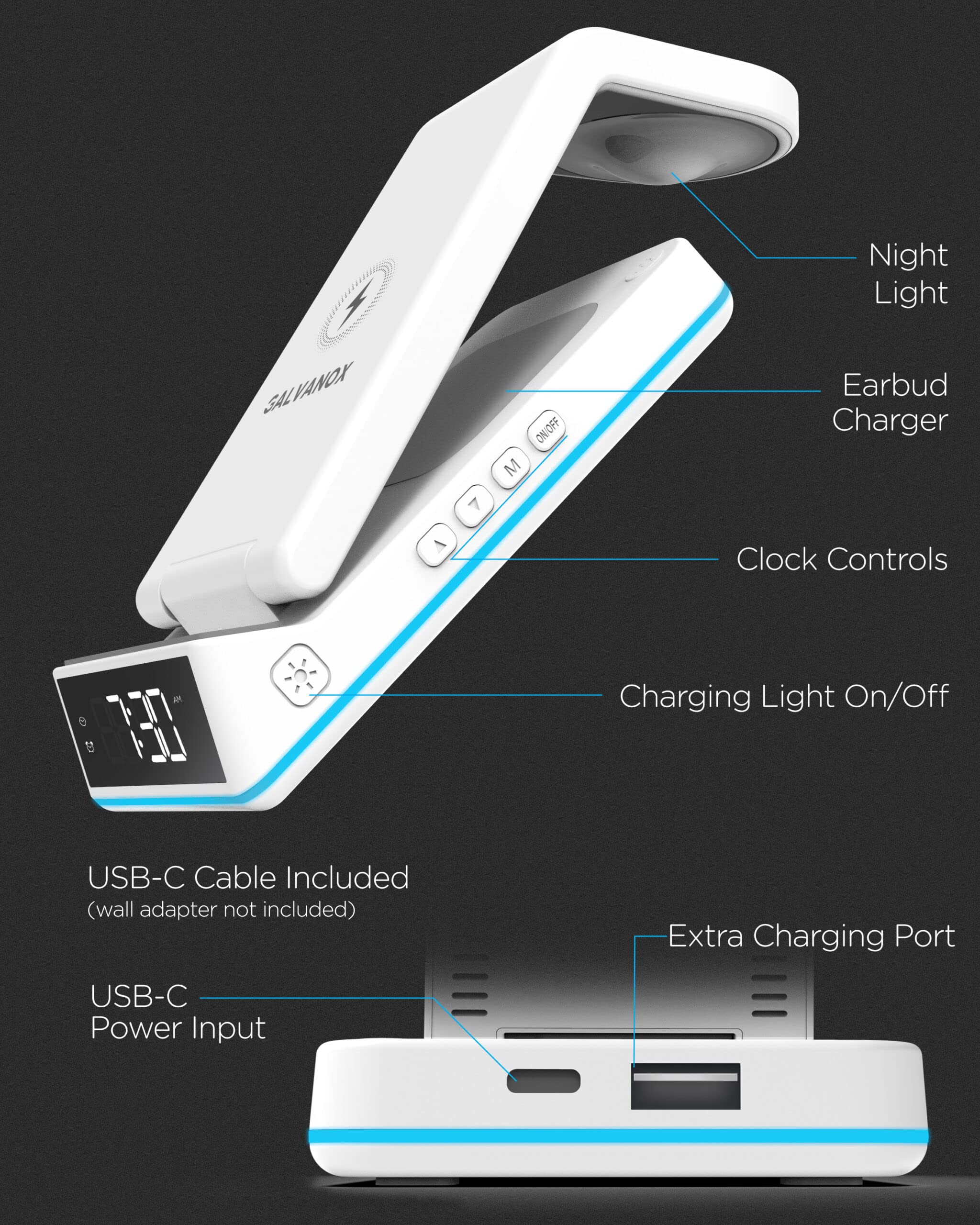 Galvanox 3-in-1 Wireless Charging Station with Alarm Clock for All Samsung Devices - Foldable Design with Nightlight - Compatible with Galaxy Phones/SmartWatch and Earbuds (White)