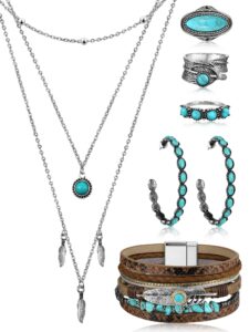 ecally bohemian western jewelry turquoise set women bohemian pendant long choker layered bracelets turquoise earrings ring(boho)