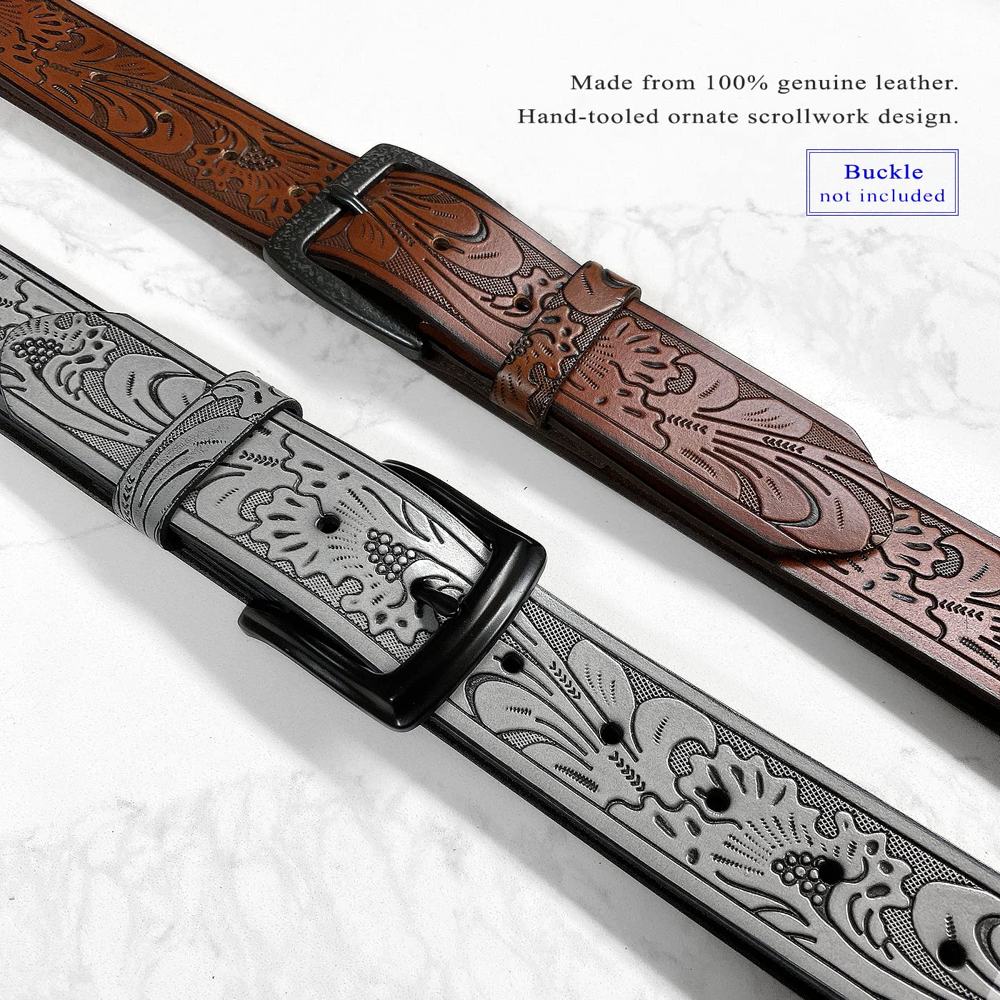 BS220 Western Floral Engraved Embossed Tooled Genuine Leather Belt Strap w/Snaps 1 1/2" Wide (Brown, 30)