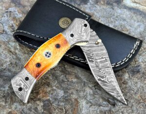 winterfell damascus steel hunting pocket knife with burnt camel bone handle and leather sheath - 7.5" custom gift knife for men - unique anniversary, birthday gifts for husband, dad, boyfriend