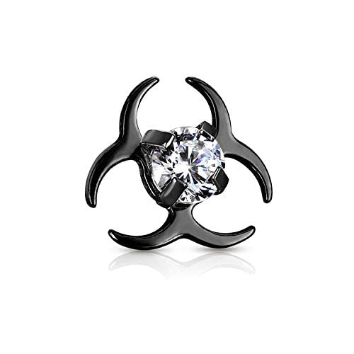 Disenchanted Jewelry Clear CZ Centered Biohazard Symbol Internally Threaded 316L Surgical Steel Dermal Top (14GA (1.6mm) 6.5mm Black/Clear)