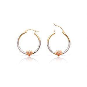 hoberta tricolor heart gold hoop earrings - real yellow14k gold earring for women girls - solid jewelry for hypoallergenic & sensitive ears- shiny & round original 14 karat for gifts (20mm)