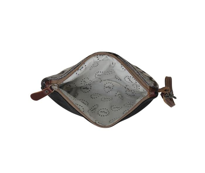 Myra Bag Western Upcycled Pouch Bag for Women - Canvas Hair On Leather Wristlet Handbag Voorpret