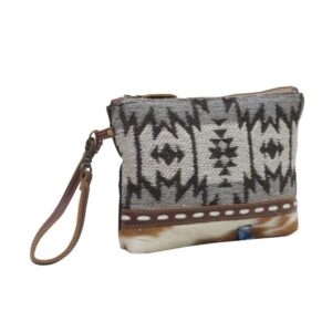 Myra Bag Western Upcycled Pouch Bag for Women - Canvas Hair On Leather Wristlet Handbag Voorpret