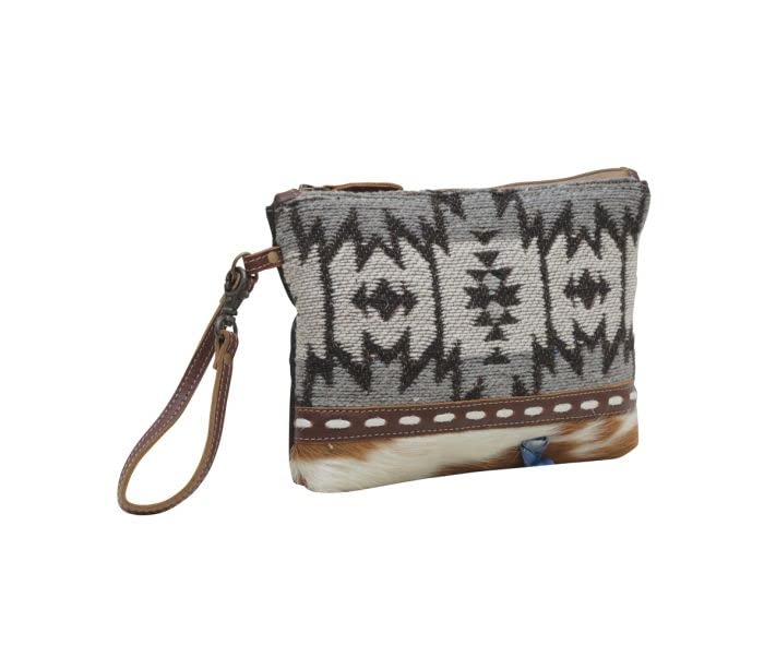 Myra Bag Western Upcycled Pouch Bag for Women - Canvas Hair On Leather Wristlet Handbag Voorpret