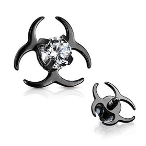 Disenchanted Jewelry Clear CZ Centered Biohazard Symbol Internally Threaded 316L Surgical Steel Dermal Top (14GA (1.6mm) 6.5mm Black/Clear)