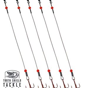 Tooth Shield Tackle Ice Fishing Tip Up Leader/Rig (90 lb) / Ice Fishing Sucker Walleye Pike Musky Predator Rig (5 Pack) [Camo Wire/Red Bead] (Hook Size: 2)