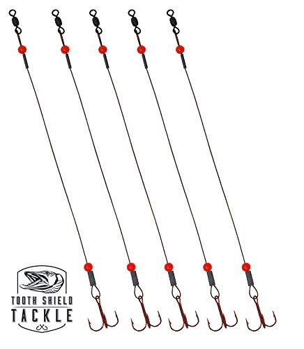 Tooth Shield Tackle Ice Fishing Tip Up Leader/Rig (90 lb) / Ice Fishing Sucker Walleye Pike Musky Predator Rig (5 Pack) [Camo Wire/Red Bead] (Hook Size: 2)